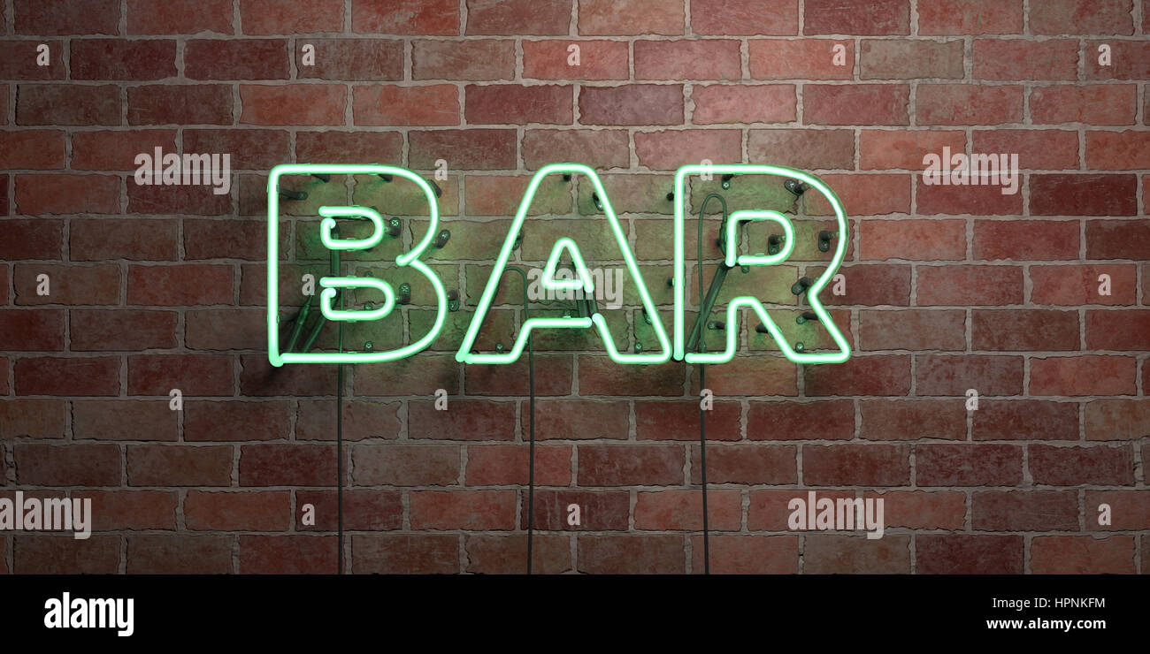 BAR - fluorescent Neon tube Sign on brickwork - Front view - 3D ...