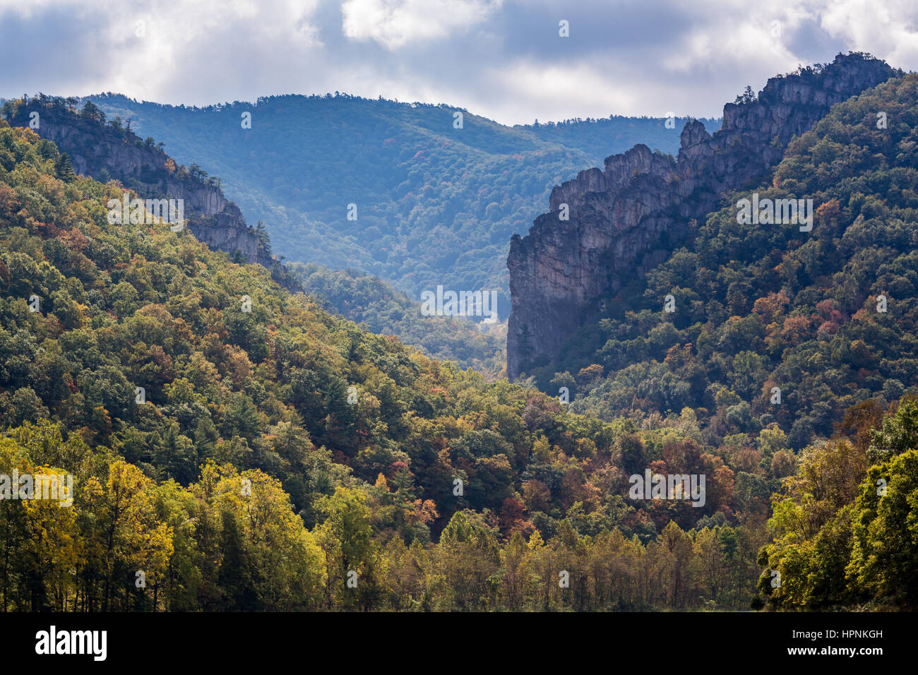 Panorama of the rocky mountain top of Seneca Rocks in West Virginia ...