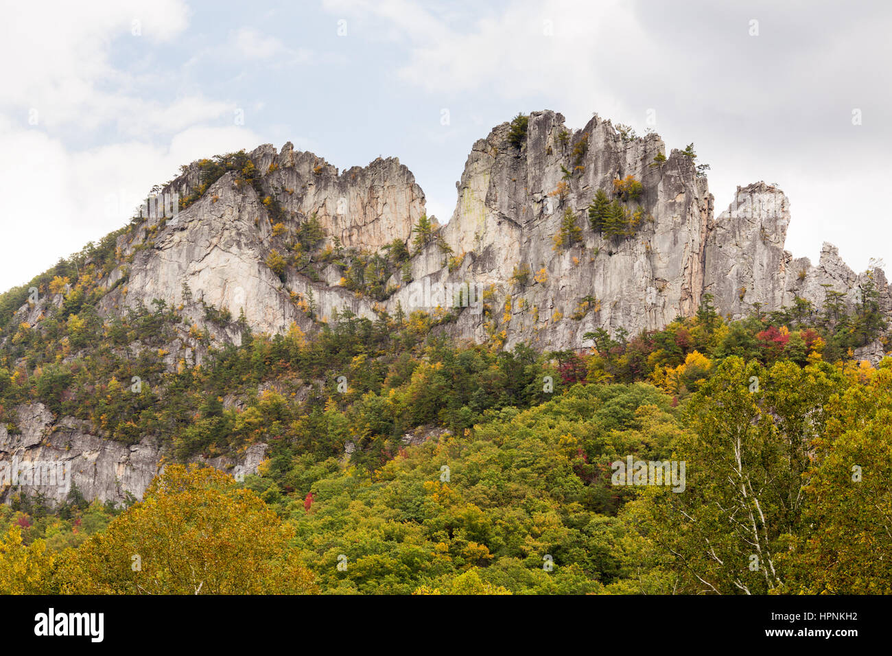 Panorama of the rocky mountain top of Seneca Rocks in West Virginia ...