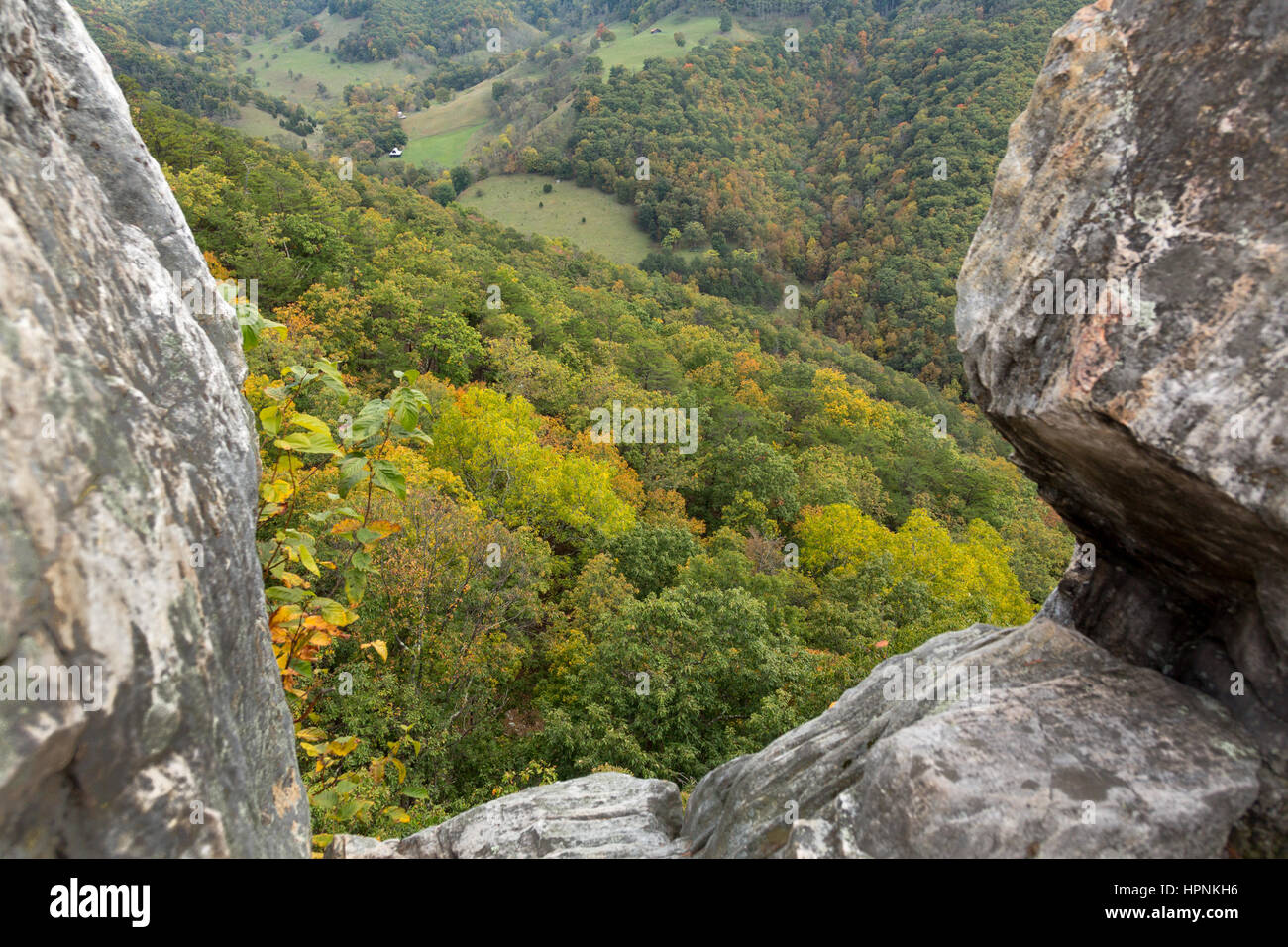 View down from the rocky mountain top of Seneca Rocks in West Virginia ...
