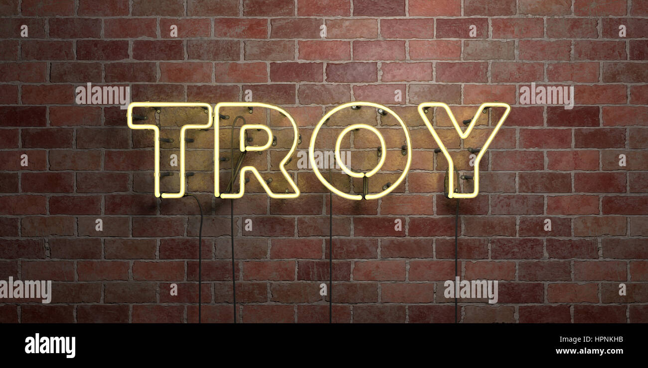 TROY - fluorescent Neon tube Sign on brickwork - Front view - 3D ...