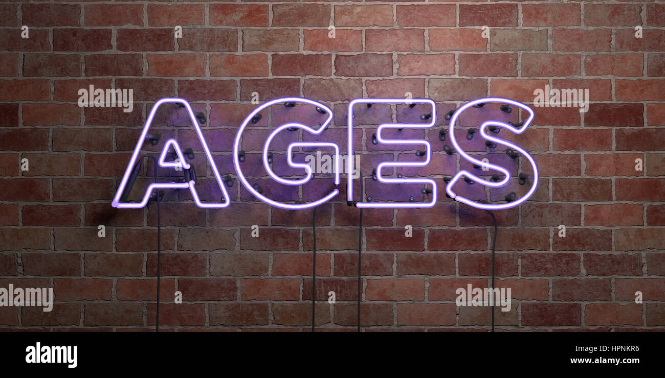 AGES - fluorescent Neon tube Sign on brickwork - Front view - 3D ...