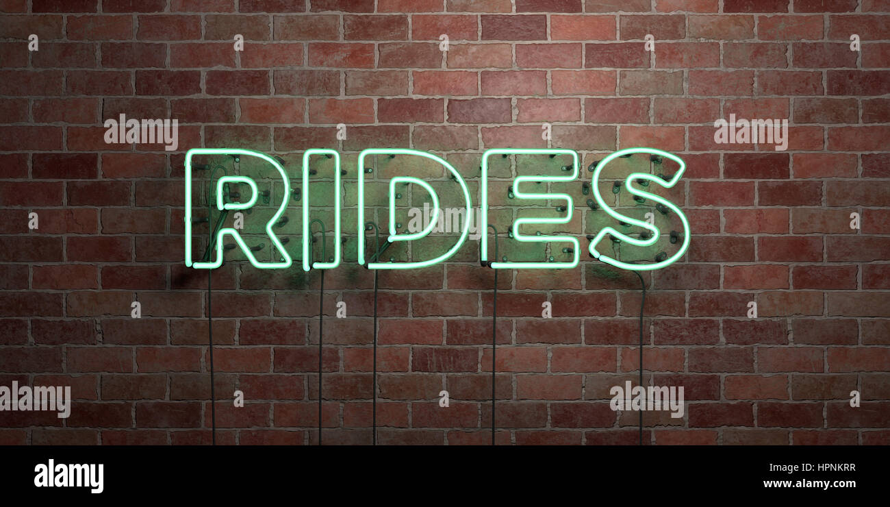 RIDES - fluorescent Neon tube Sign on brickwork - Front view - 3D ...