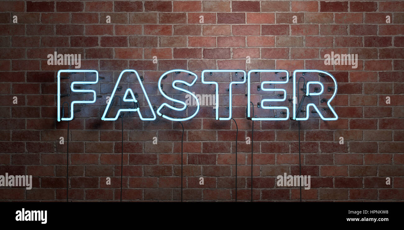 FASTER - fluorescent Neon tube Sign on brickwork - Front view - 3D ...