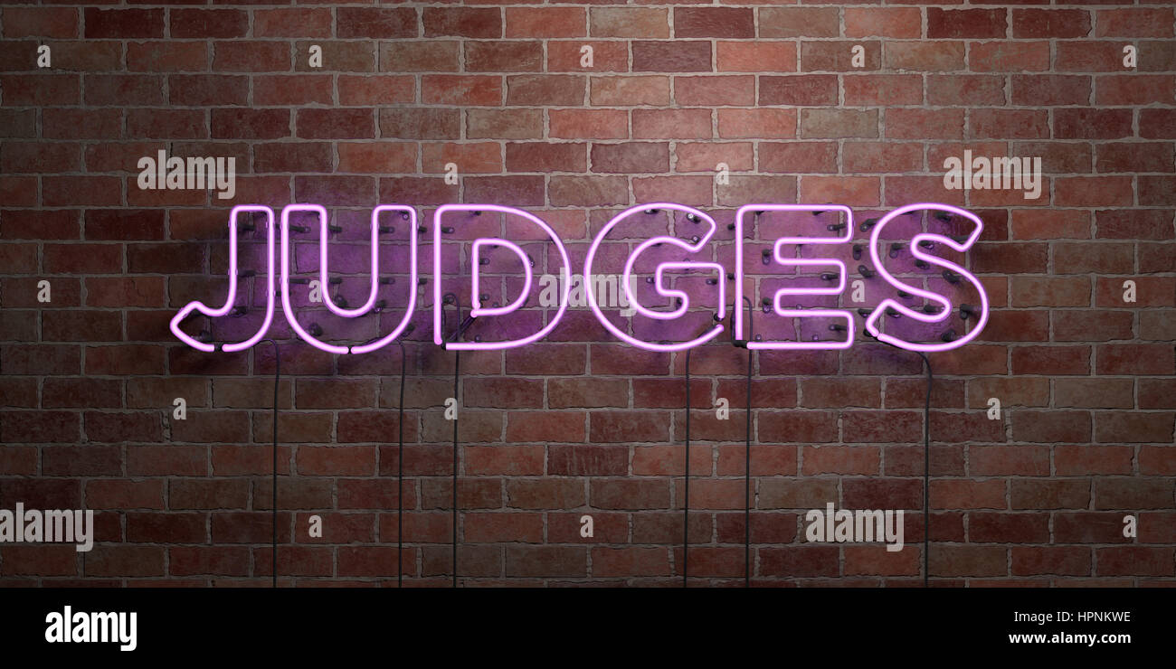 JUDGES - fluorescent Neon tube Sign on brickwork - Front view - 3D ...