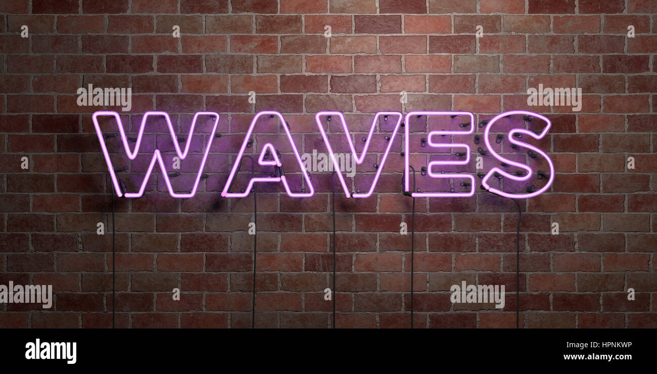 WAVES - fluorescent Neon tube Sign on brickwork - Front view - 3D ...