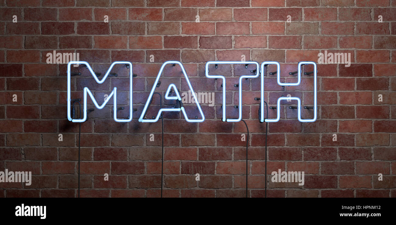 MATH - fluorescent Neon tube Sign on brickwork - Front view - 3D ...