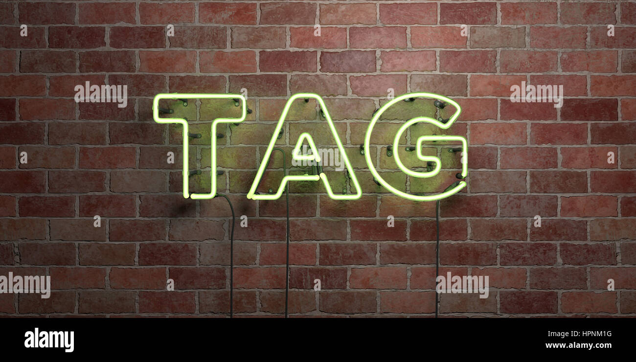TAG - fluorescent Neon tube Sign on brickwork - Front view - 3D ...
