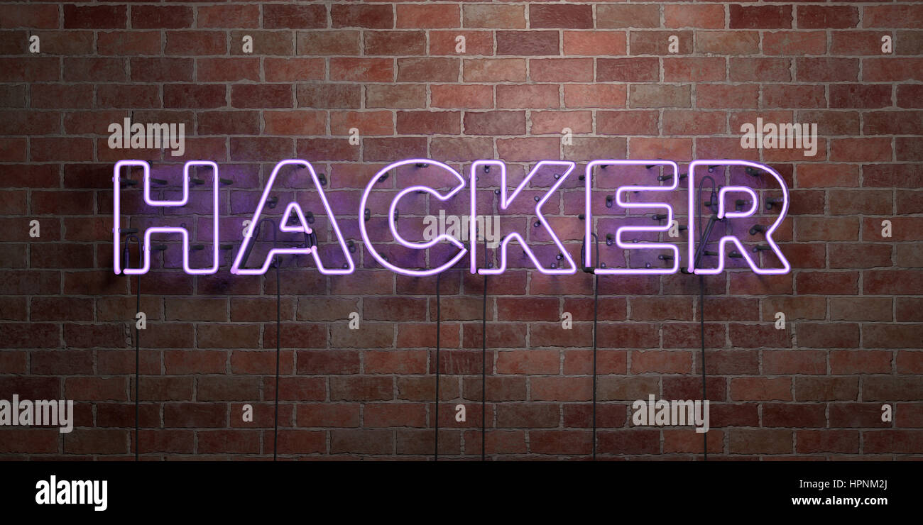 HACKER - fluorescent Neon tube Sign on brickwork - Front view - 3D ...