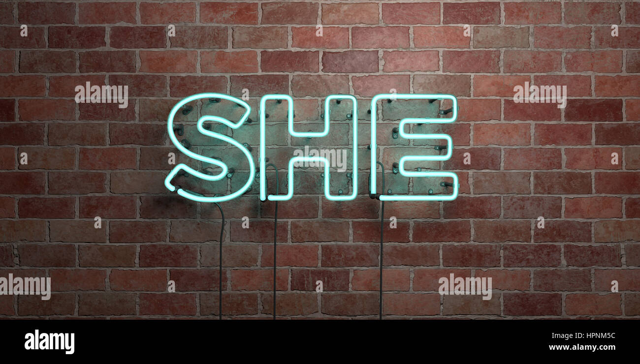 SHE - fluorescent Neon tube Sign on brickwork - Front view - 3D ...