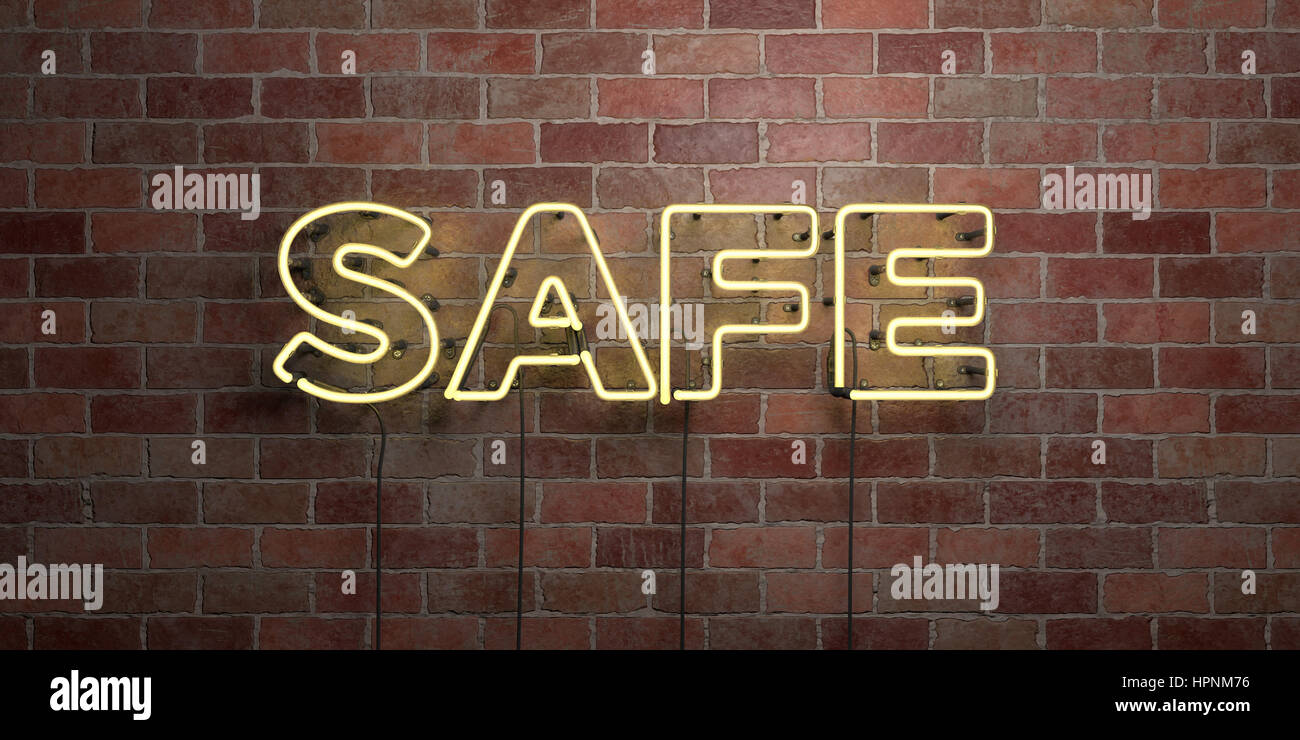 SAFE - fluorescent Neon tube Sign on brickwork - Front view - 3D ...