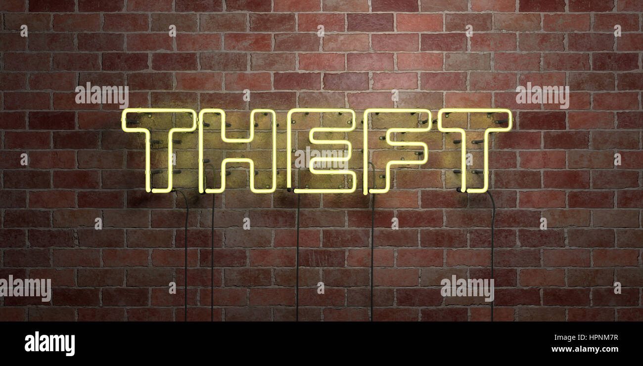 THEFT - fluorescent Neon tube Sign on brickwork - Front view - 3D ...