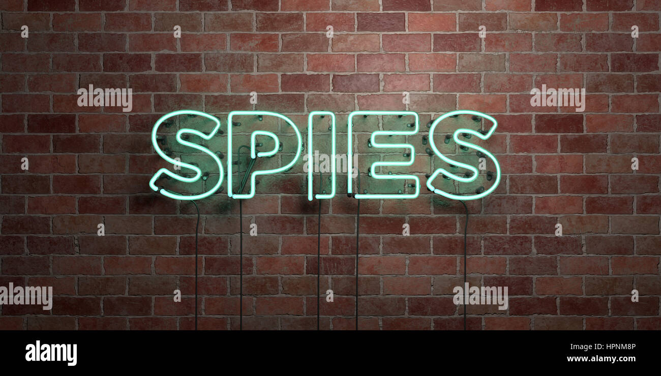 SPIES - fluorescent Neon tube Sign on brickwork - Front view - 3D ...