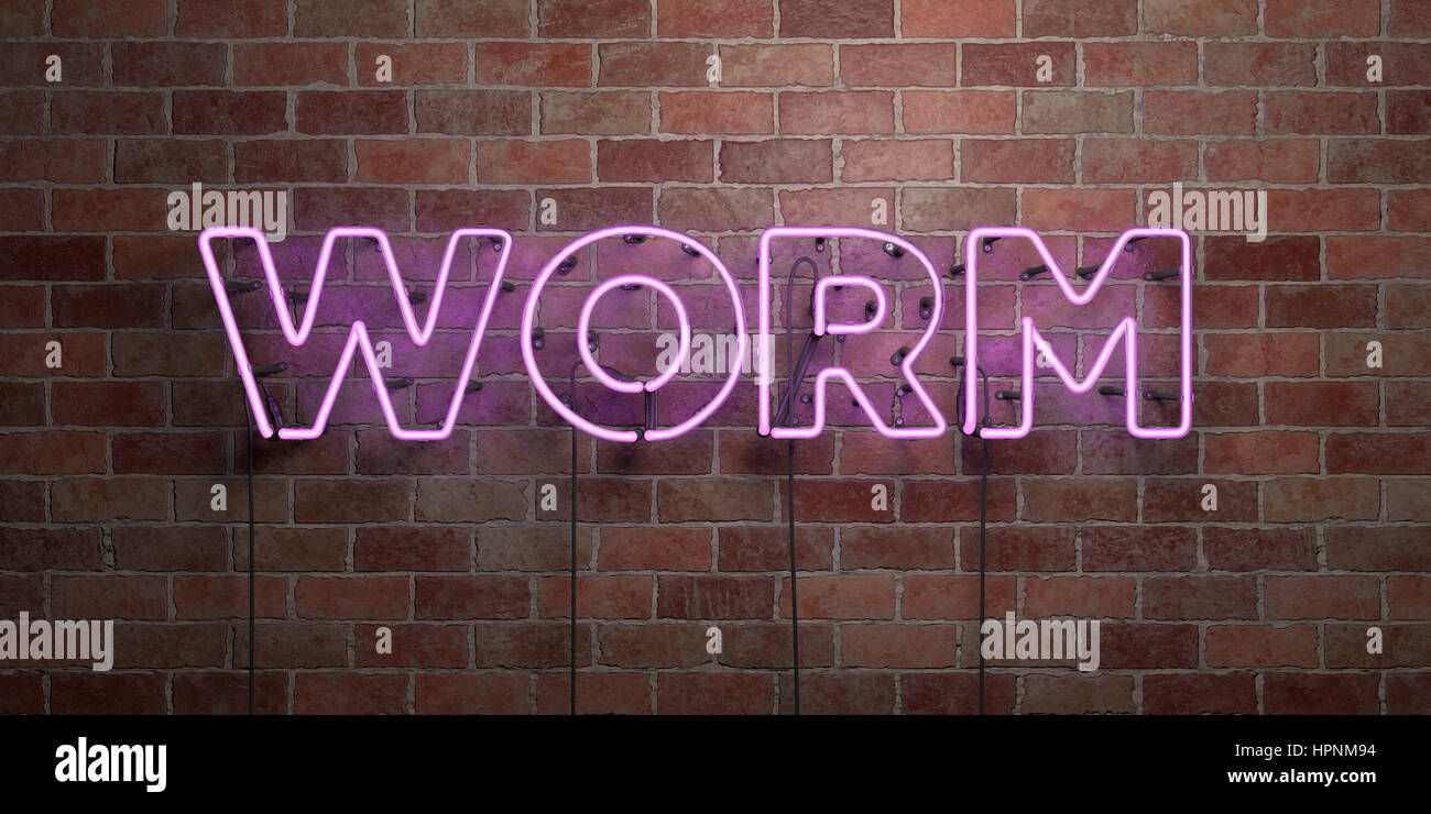 WORM - fluorescent Neon tube Sign on brickwork - Front view - 3D ...
