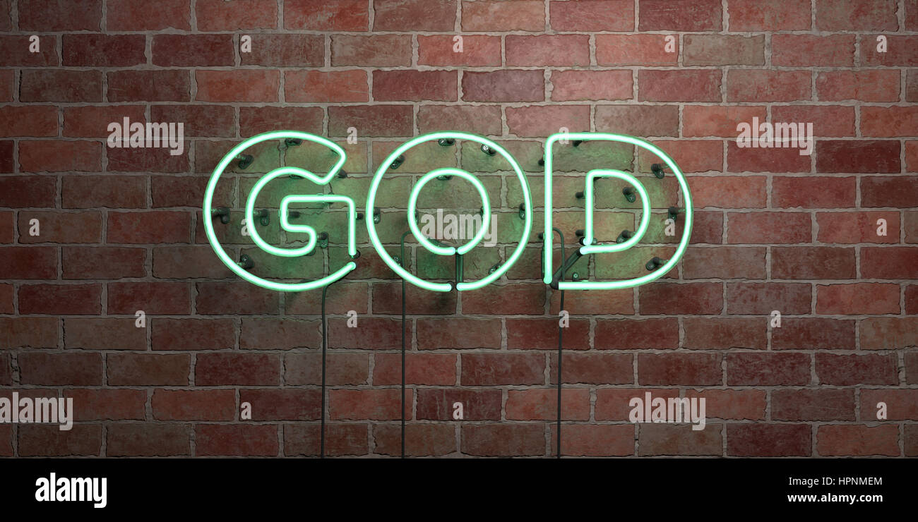 GOD - fluorescent Neon tube Sign on brickwork - Front view - 3D ...