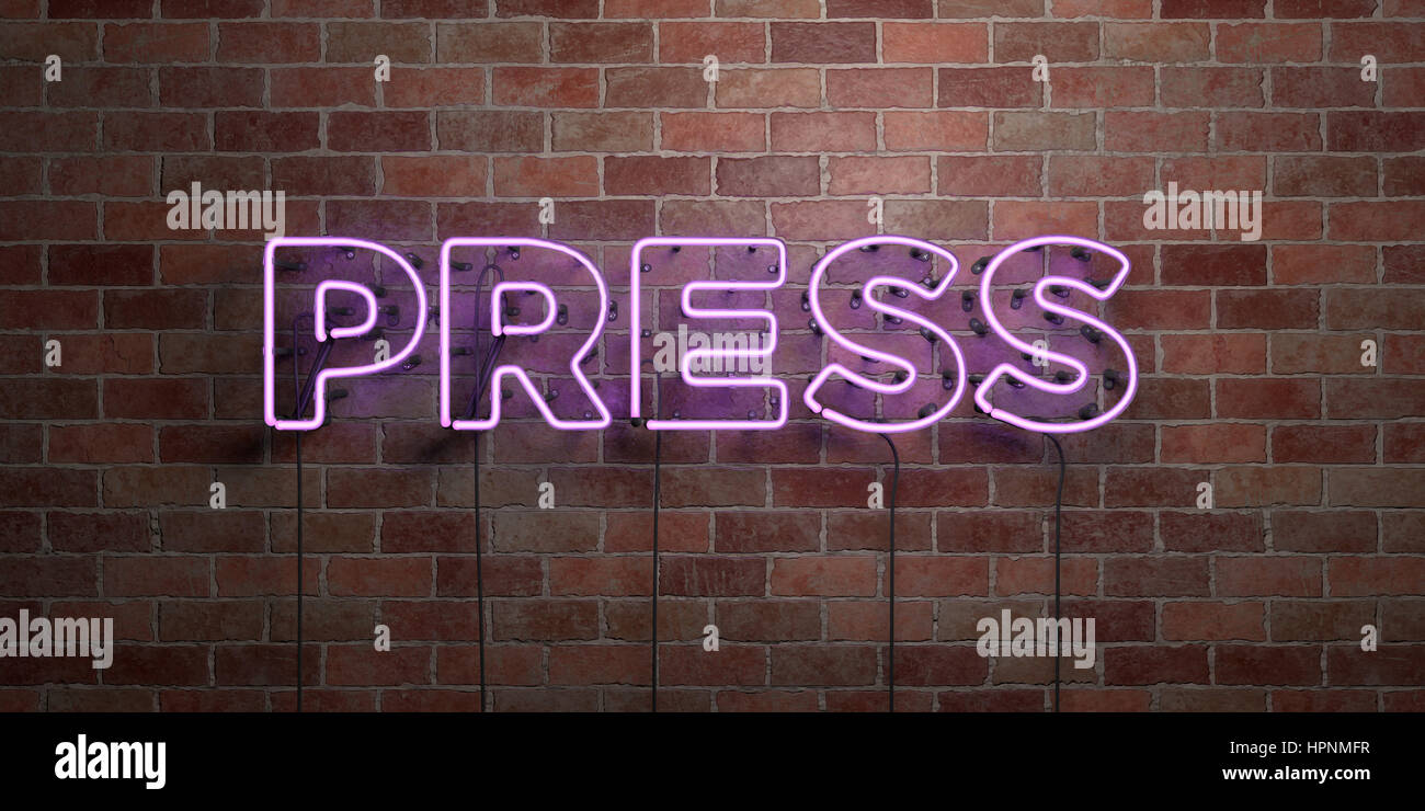 PRESS - fluorescent Neon tube Sign on brickwork - Front view - 3D ...