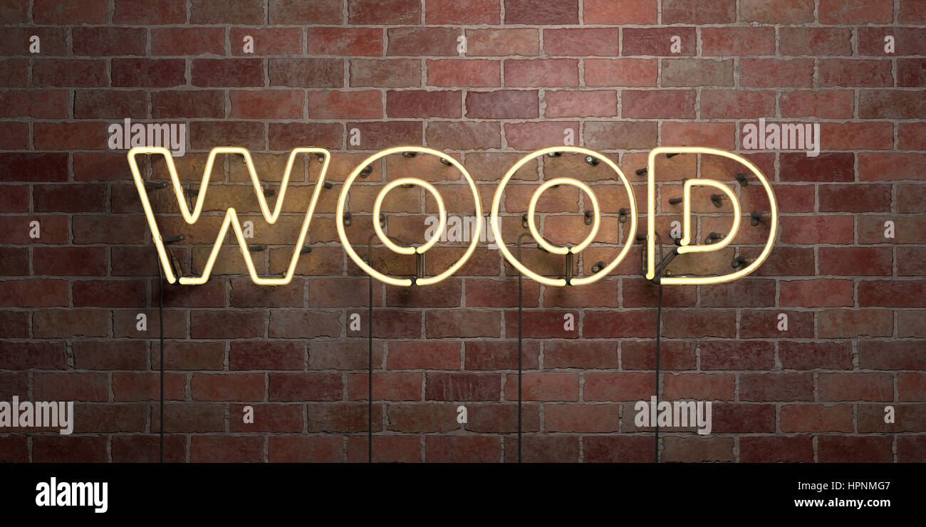 WOOD - fluorescent Neon tube Sign on brickwork - Front view - 3D ...