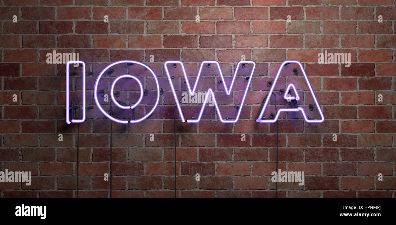 IOWA - fluorescent Neon tube Sign on brickwork - Front view - 3D ...