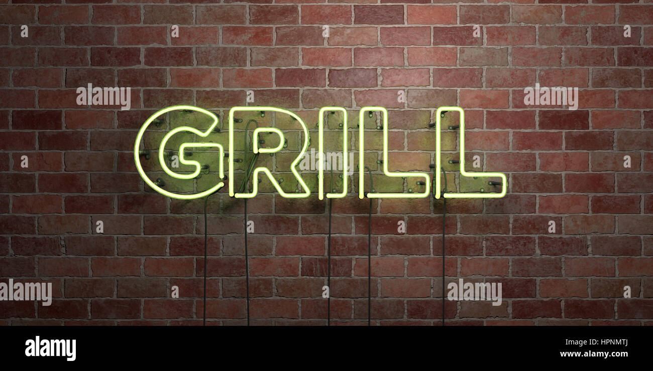 GRILL - fluorescent Neon tube Sign on brickwork - Front view - 3D ...
