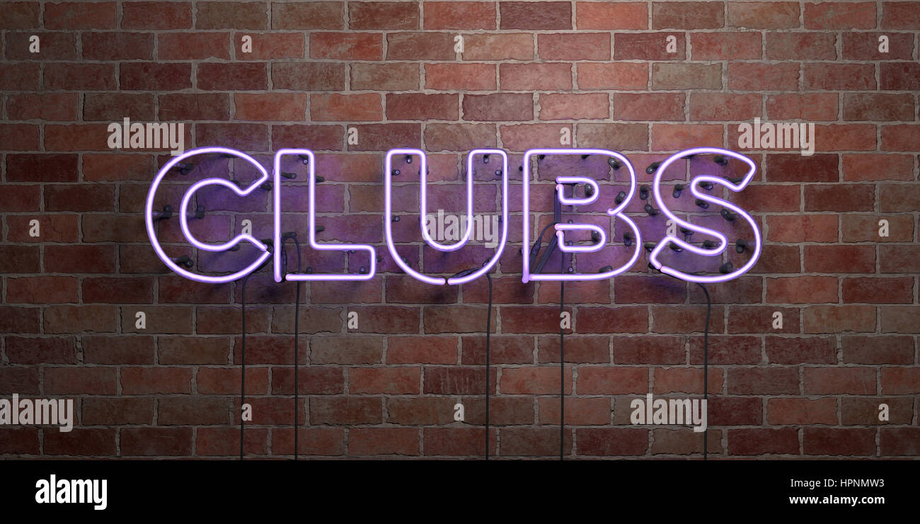 CLUBS - fluorescent Neon tube Sign on brickwork - Front view - 3D ...