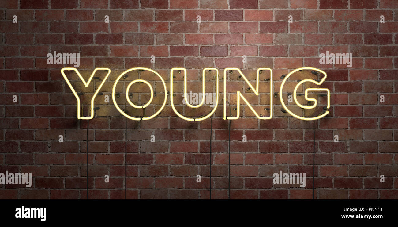 YOUNG - fluorescent Neon tube Sign on brickwork - Front view - 3D ...