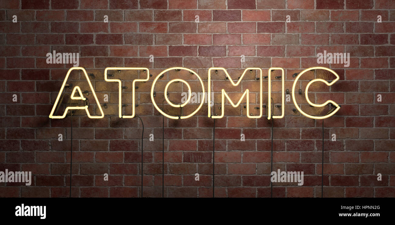 ATOMIC - fluorescent Neon tube Sign on brickwork - Front view - 3D ...