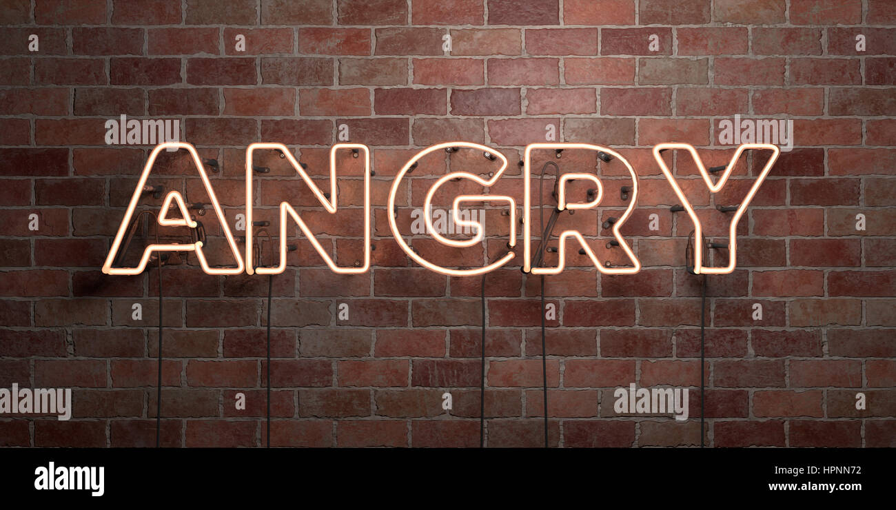 ANGRY - fluorescent Neon tube Sign on brickwork - Front view - 3D ...
