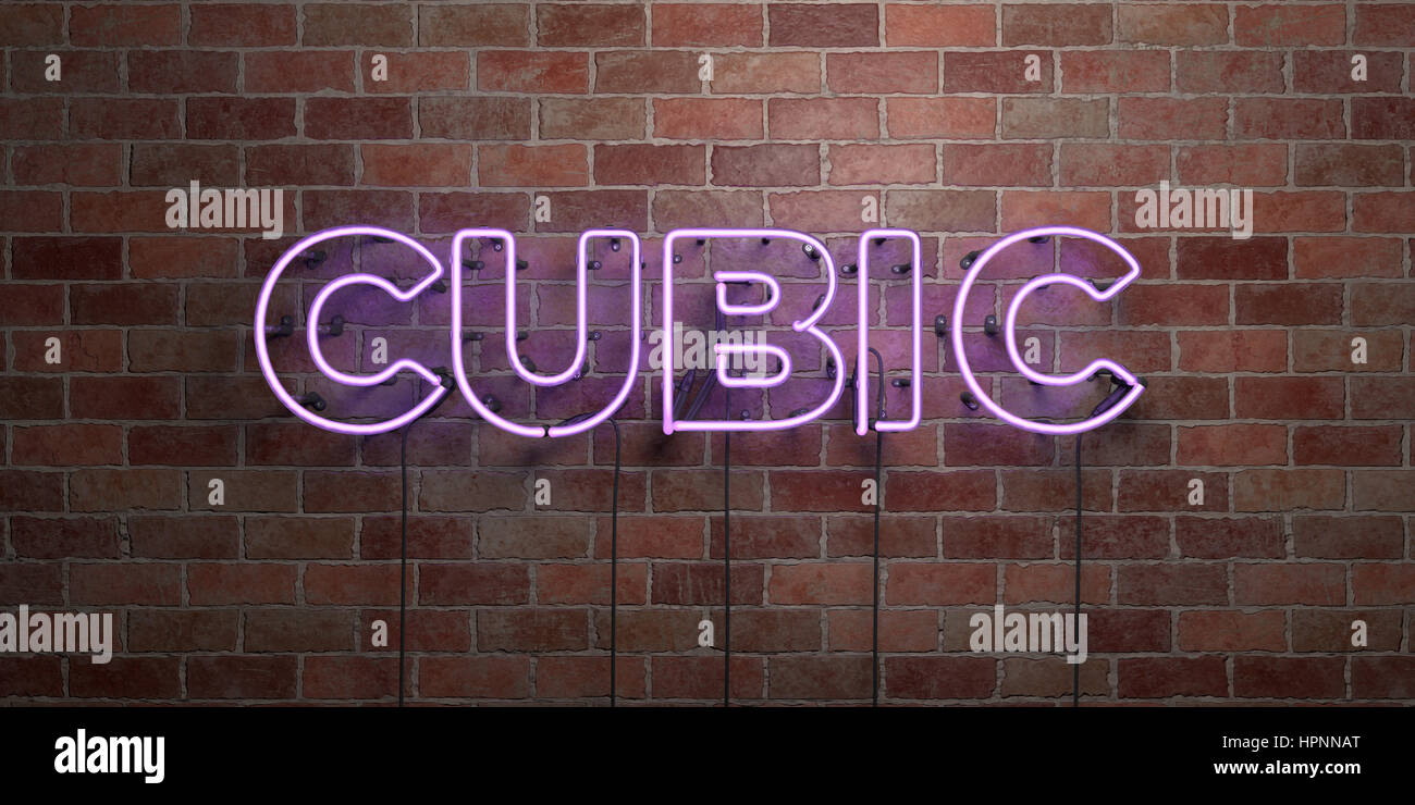 CUBIC - fluorescent Neon tube Sign on brickwork - Front view - 3D ...