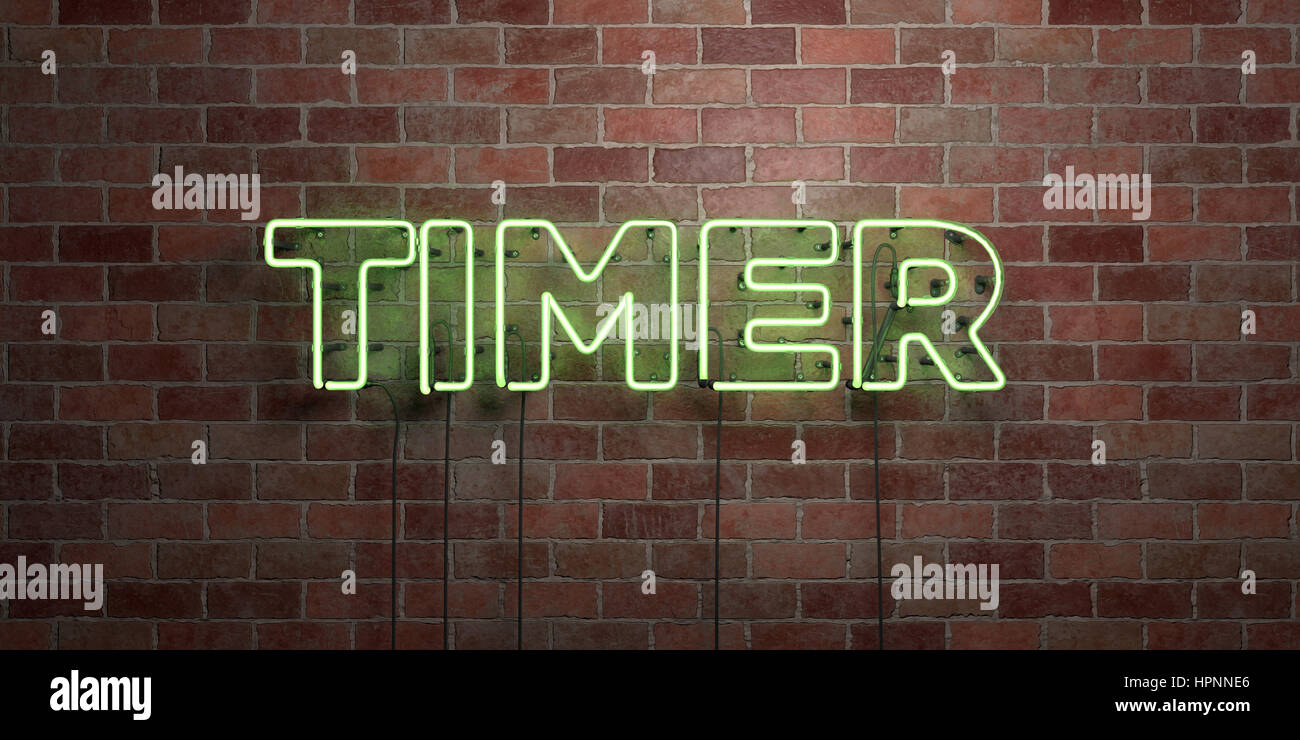 TIMER - fluorescent Neon tube Sign on brickwork - Front view - 3D ...