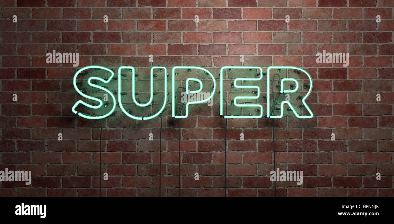 SUPER - fluorescent Neon tube Sign on brickwork - Front view - 3D ...