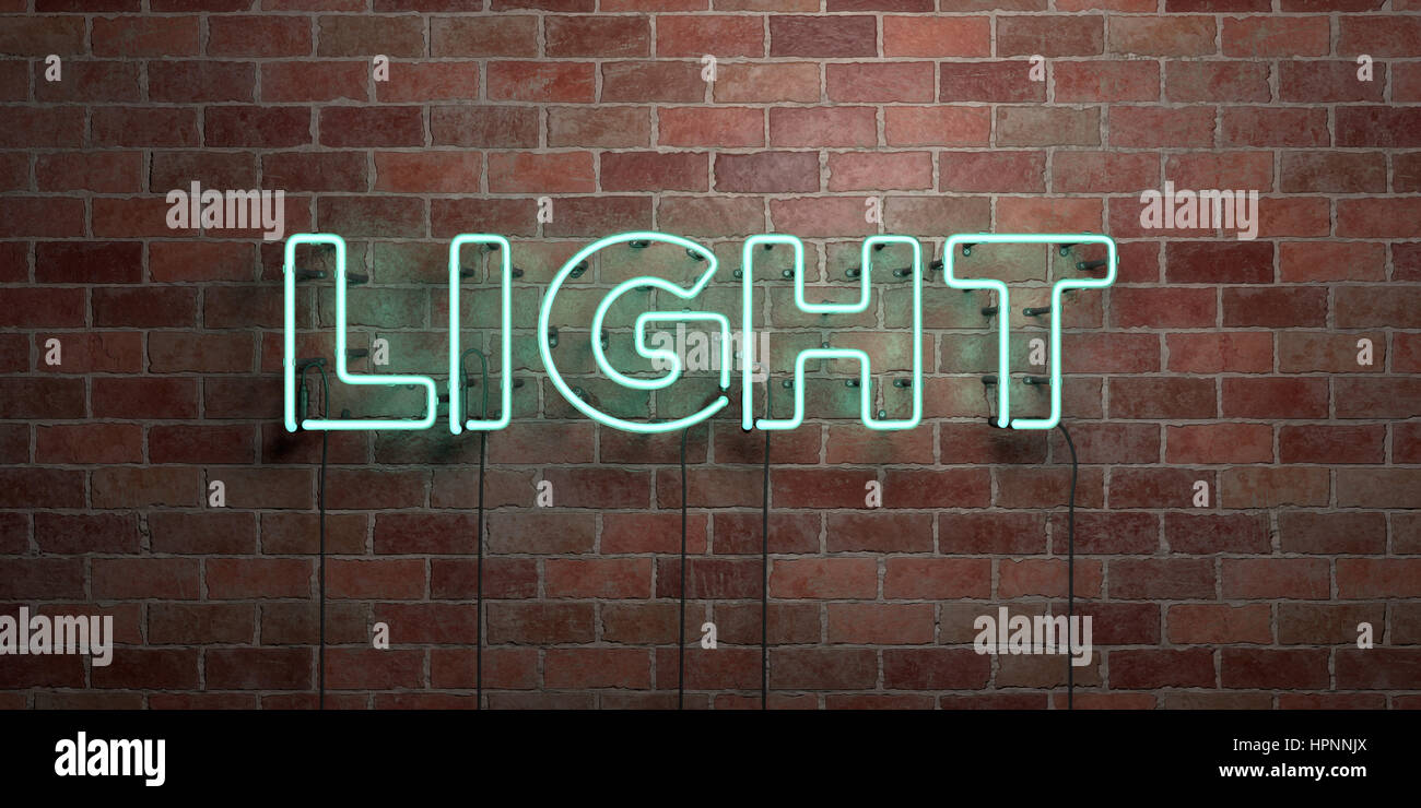 LIGHT - fluorescent Neon tube Sign on brickwork - Front view - 3D ...
