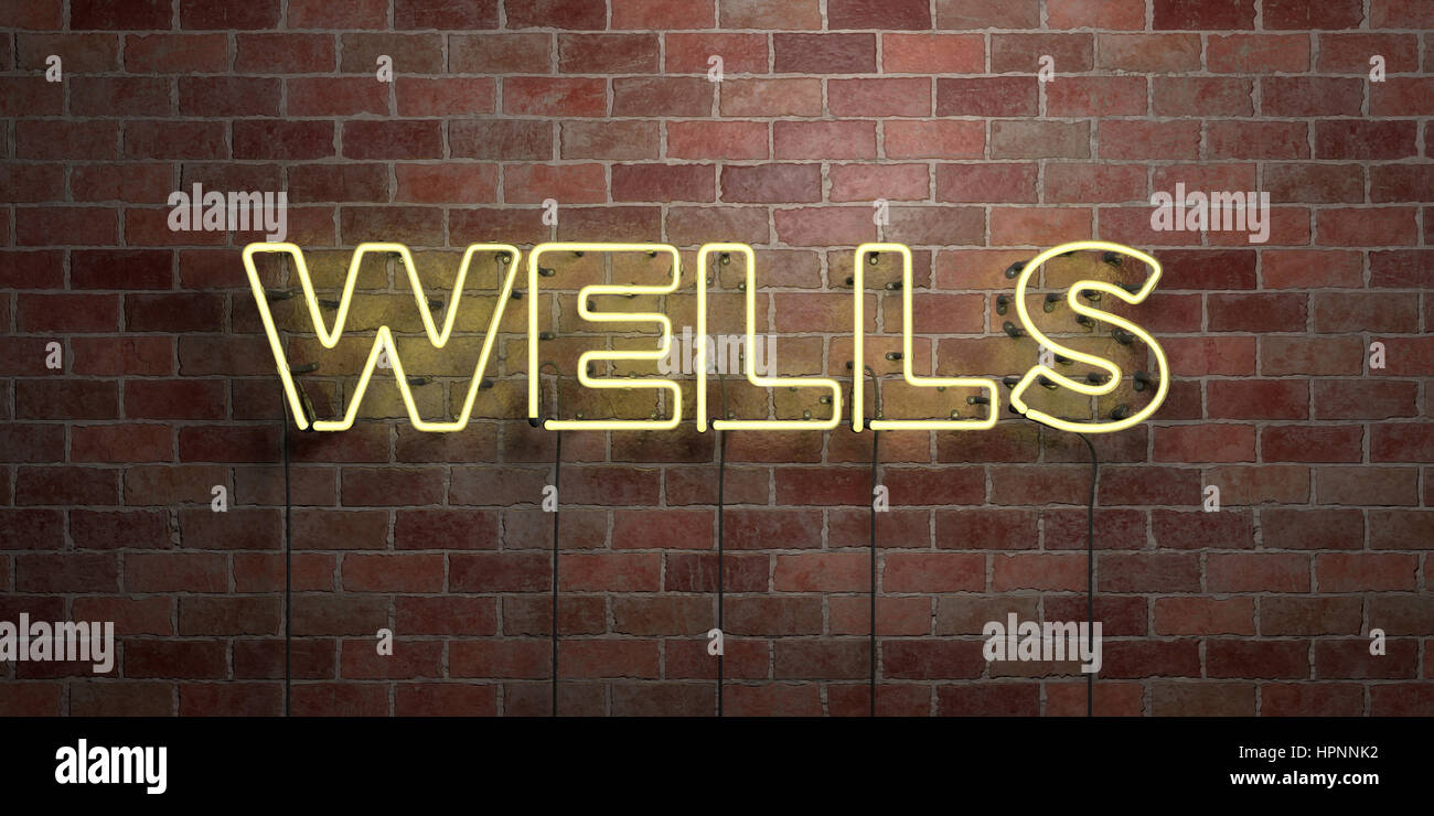 WELLS - fluorescent Neon tube Sign on brickwork - Front view - 3D ...