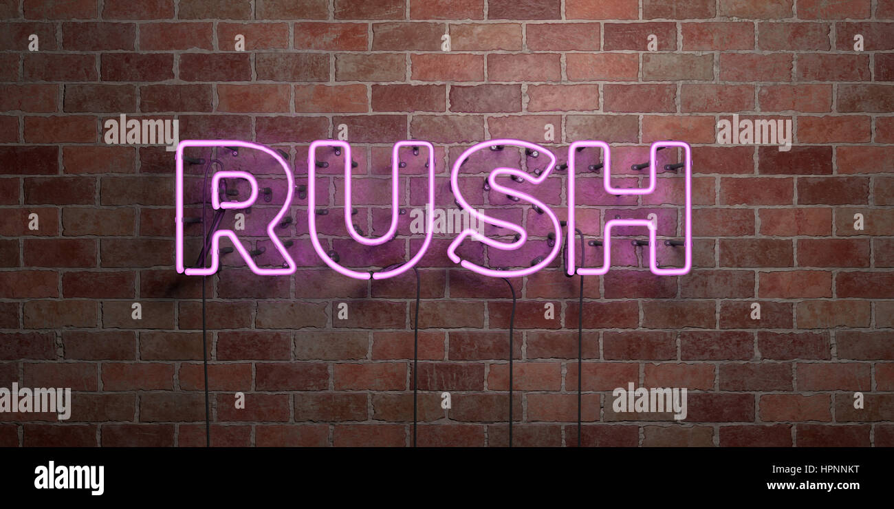RUSH - fluorescent Neon tube Sign on brickwork - Front view - 3D ...