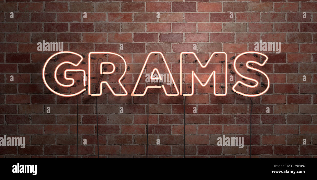 GRAMS - fluorescent Neon tube Sign on brickwork - Front view - 3D ...
