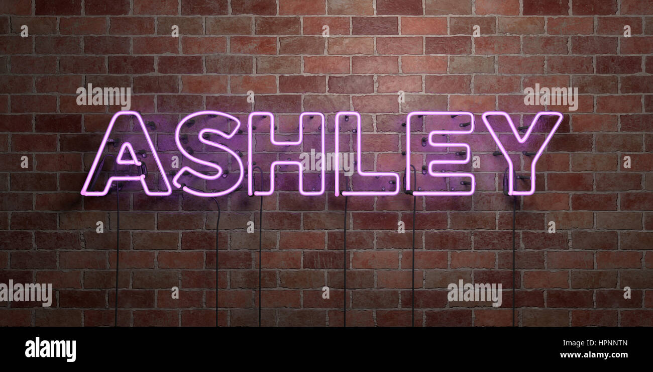 ASHLEY - fluorescent Neon tube Sign on brickwork - Front view - 3D ...