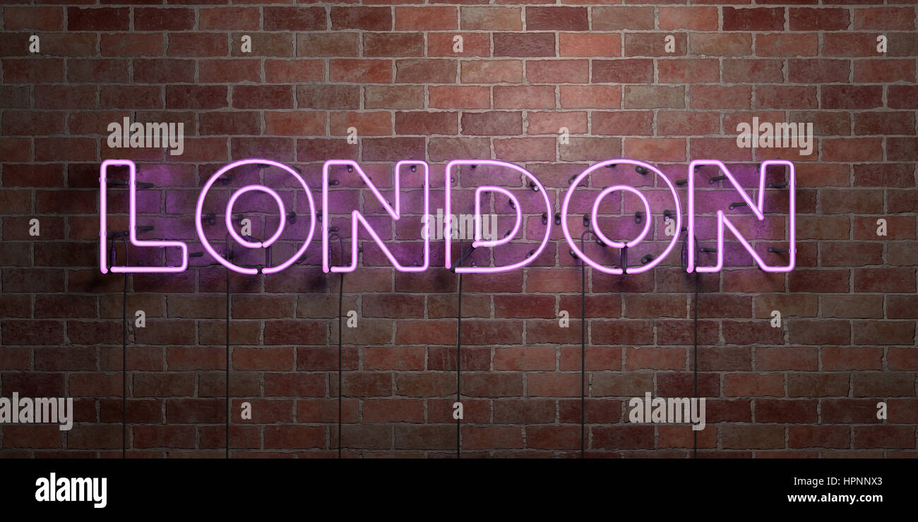 LONDON - fluorescent Neon tube Sign on brickwork - Front view - 3D ...