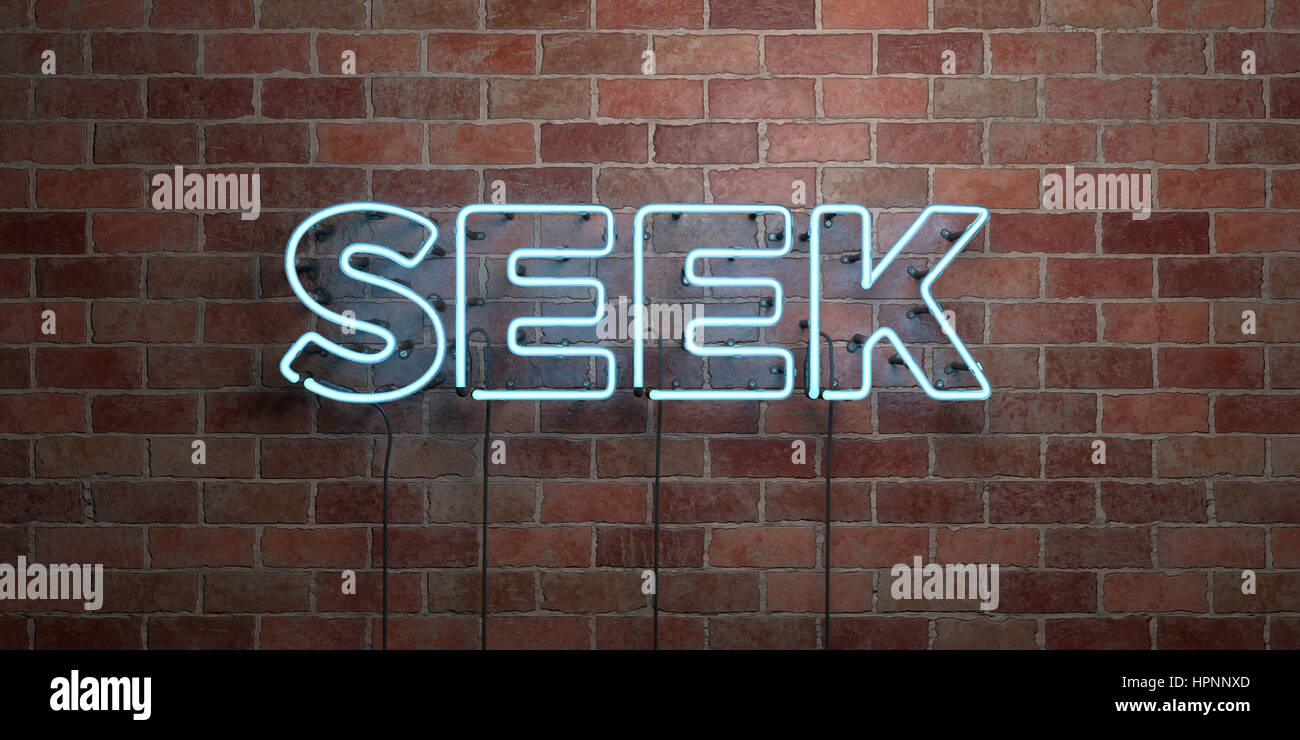 SEEK - fluorescent Neon tube Sign on brickwork - Front view - 3D ...