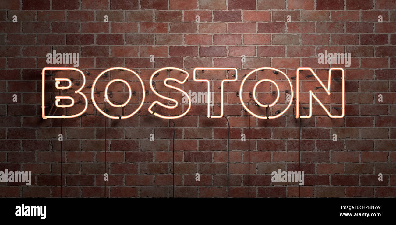 BOSTON - fluorescent Neon tube Sign on brickwork - Front view - 3D ...