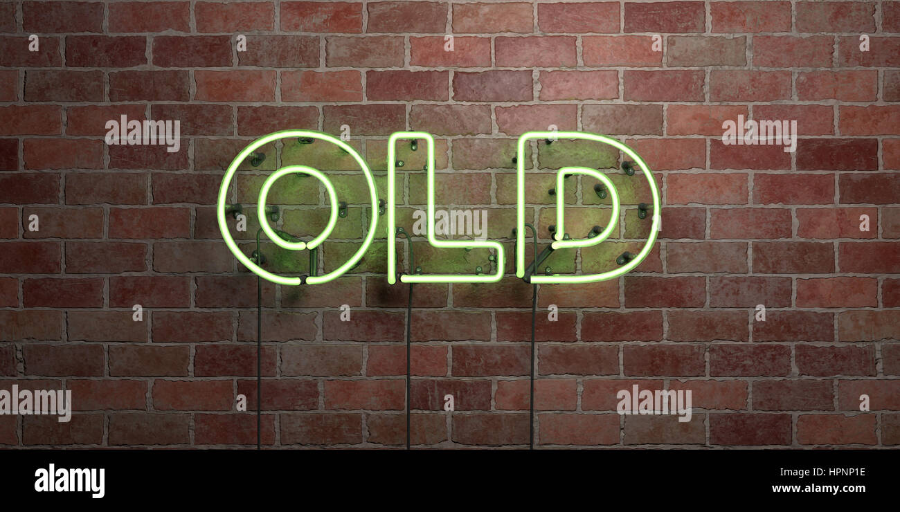OLD - fluorescent Neon tube Sign on brickwork - Front view - 3D ...