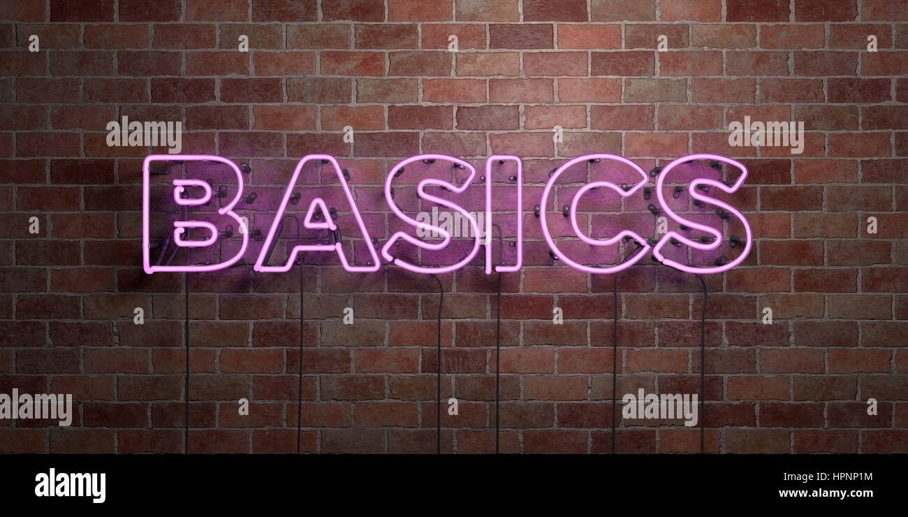 BASICS - fluorescent Neon tube Sign on brickwork - Front view - 3D ...