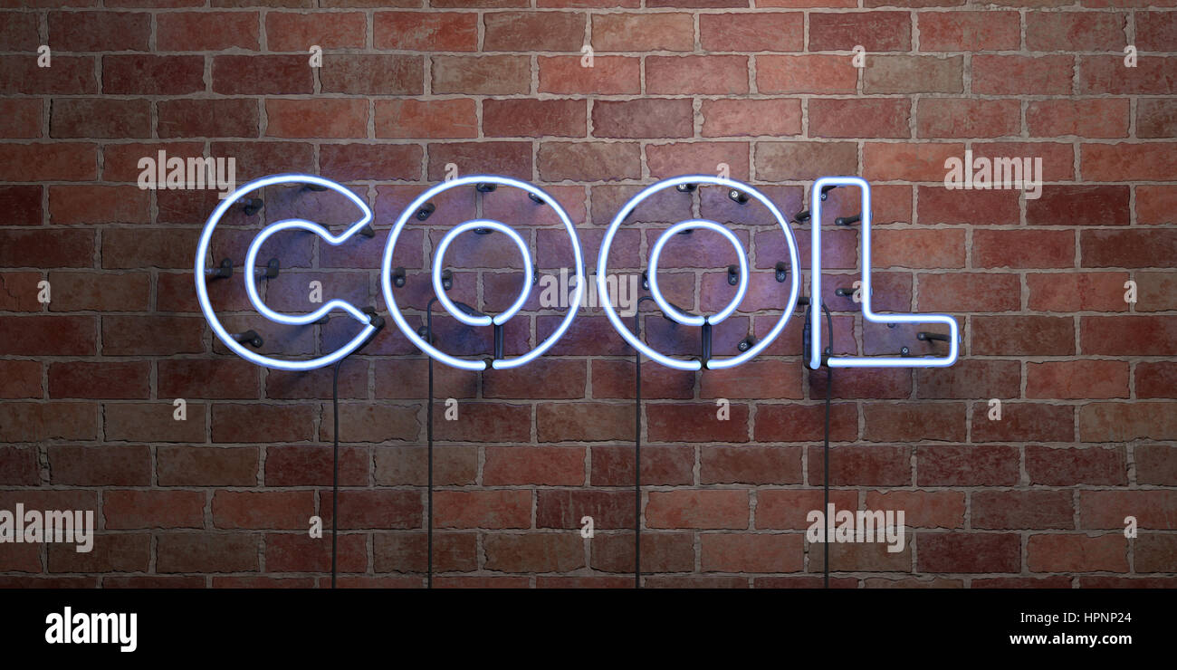 COOL - fluorescent Neon tube Sign on brickwork - Front view - 3D ...
