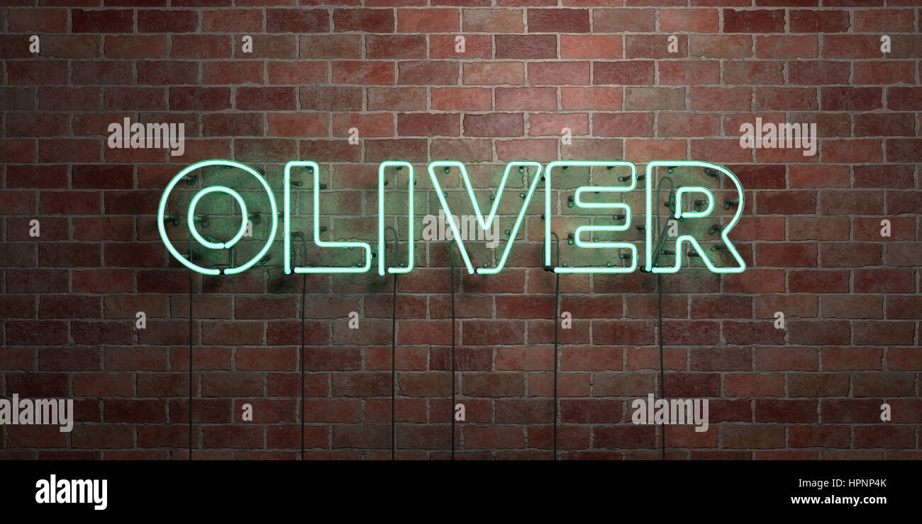 OLIVER - fluorescent Neon tube Sign on brickwork - Front view - 3D ...