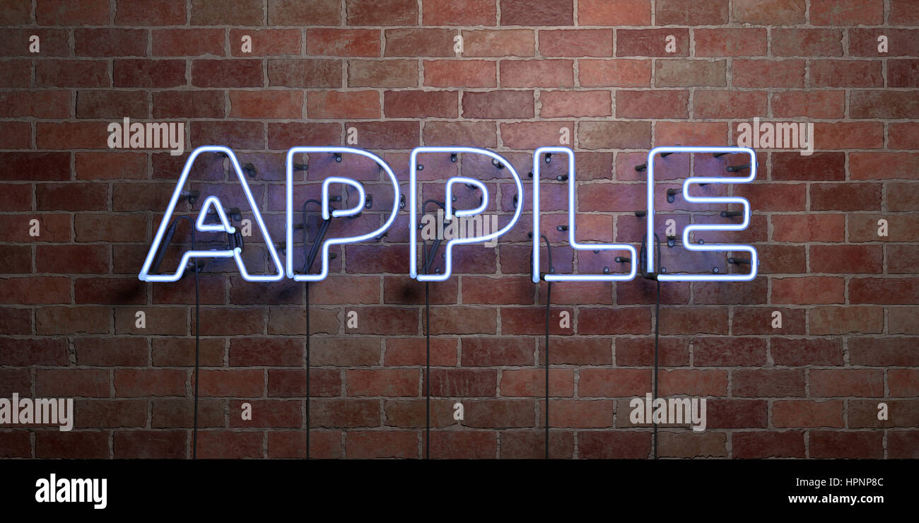 APPLE - fluorescent Neon tube Sign on brickwork - Front view - 3D ...