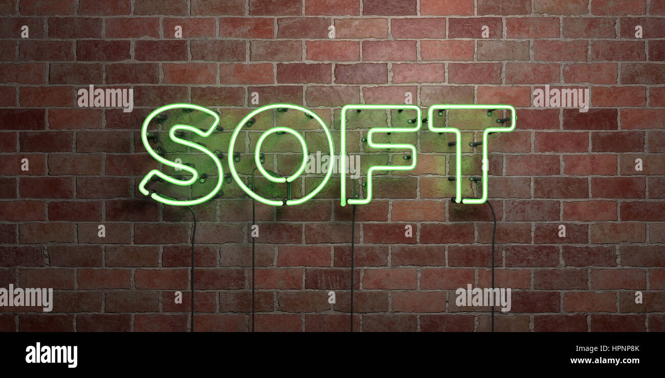 SOFT - fluorescent Neon tube Sign on brickwork - Front view - 3D ...