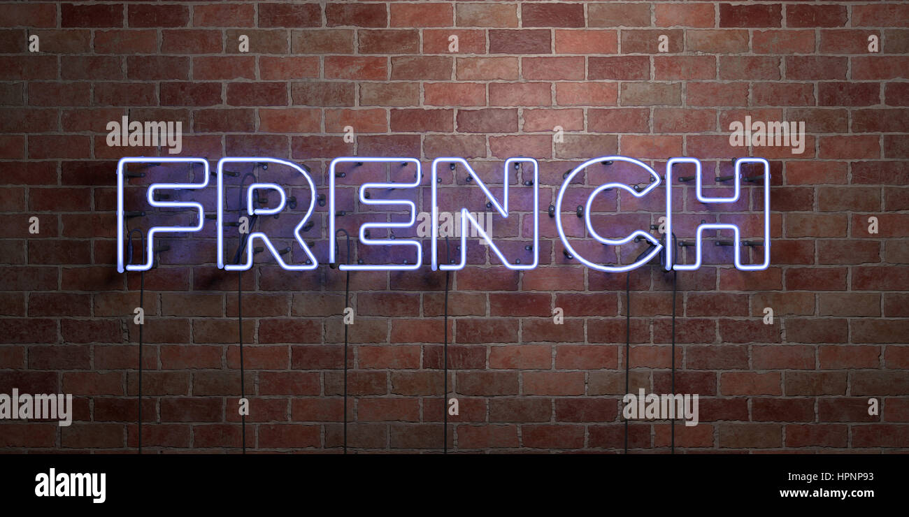 FRENCH - fluorescent Neon tube Sign on brickwork - Front view - 3D ...