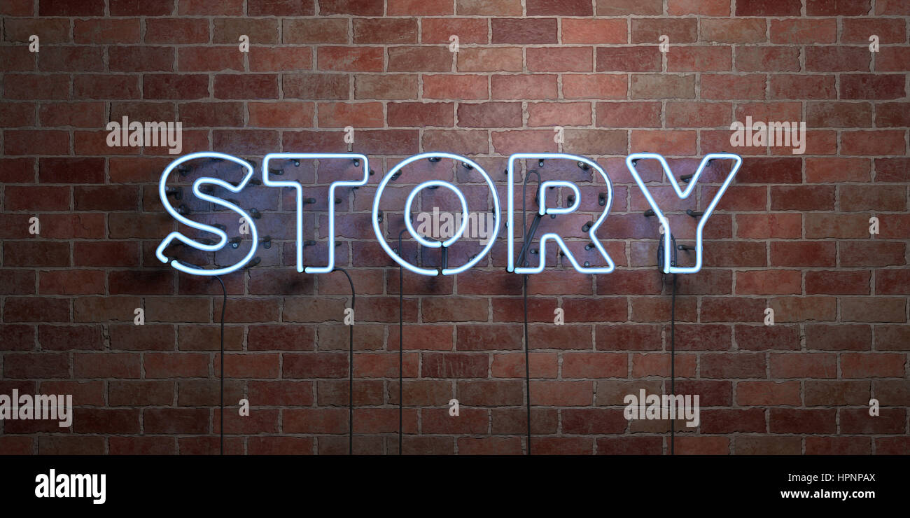 STORY - fluorescent Neon tube Sign on brickwork - Front view - 3D ...