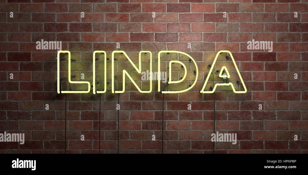 LINDA - fluorescent Neon tube Sign on brickwork - Front view - 3D ...
