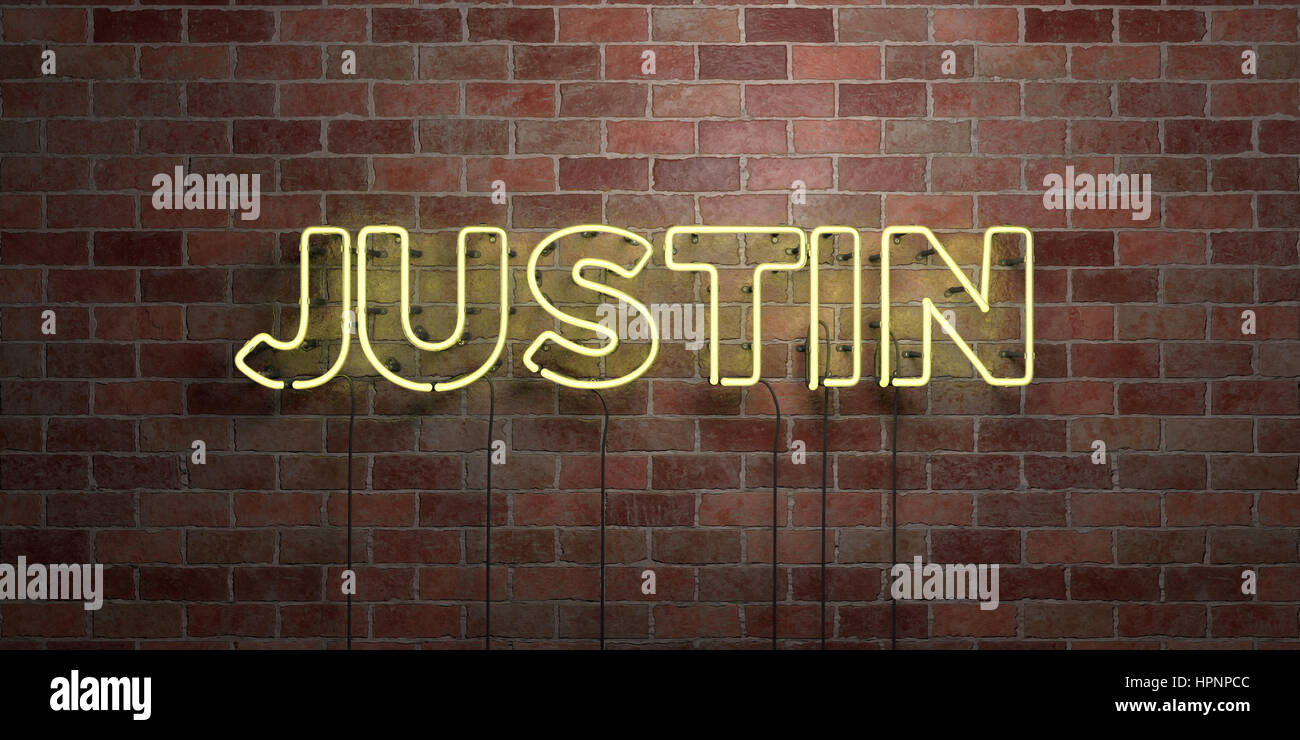 JUSTIN - fluorescent Neon tube Sign on brickwork - Front view - 3D ...