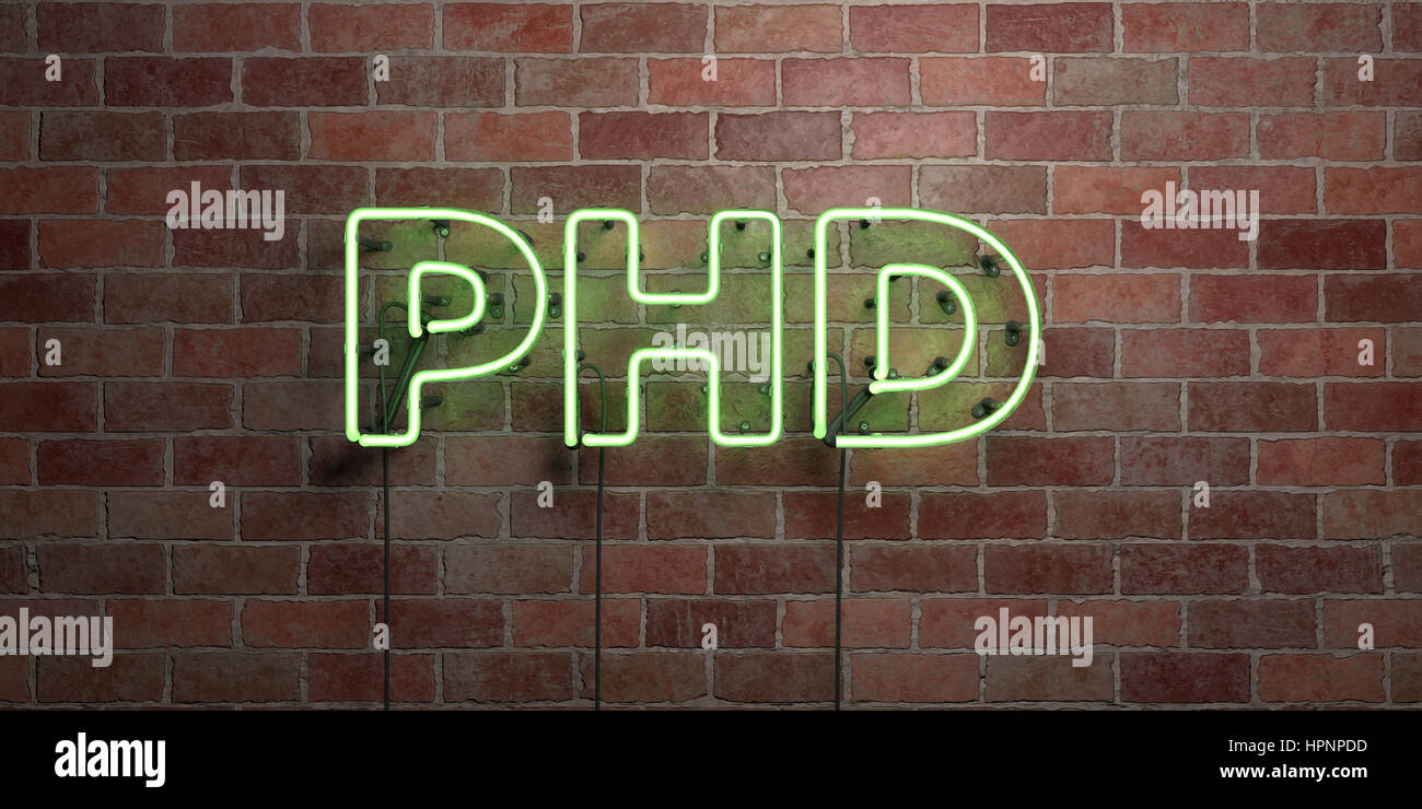 PHD - fluorescent Neon tube Sign on brickwork - Front view - 3D ...