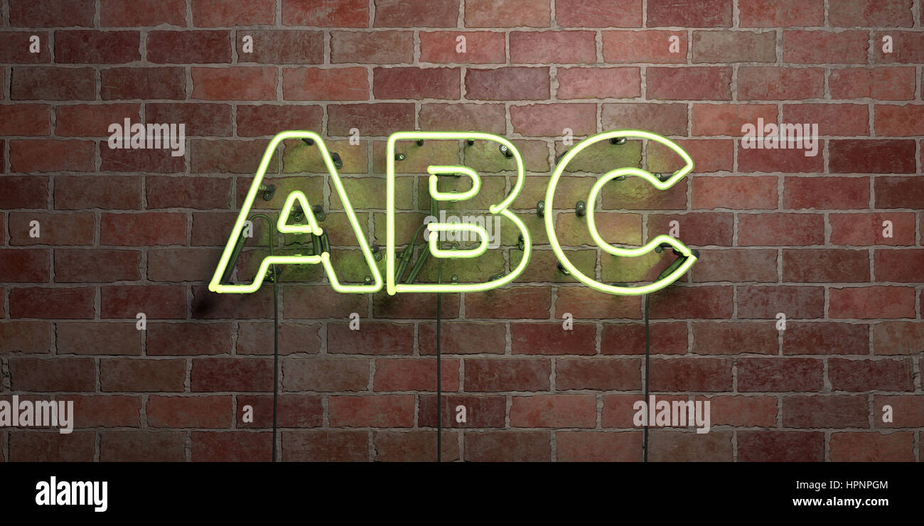 ABC - fluorescent Neon tube Sign on brickwork - Front view - 3D ...
